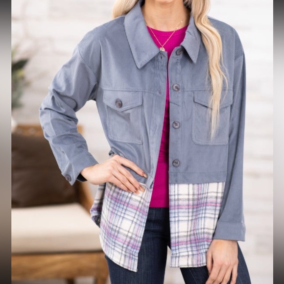 DAVI & DANI | Jackets & Coats | Slate Blue And Plaid Shacket | Poshmark